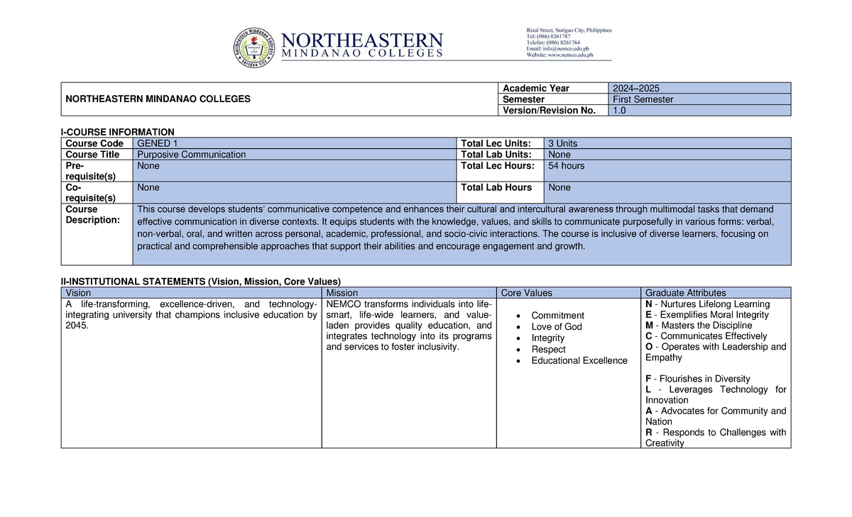 Course Syllabus for GENED 1: Purposive Communication - First Semester ...