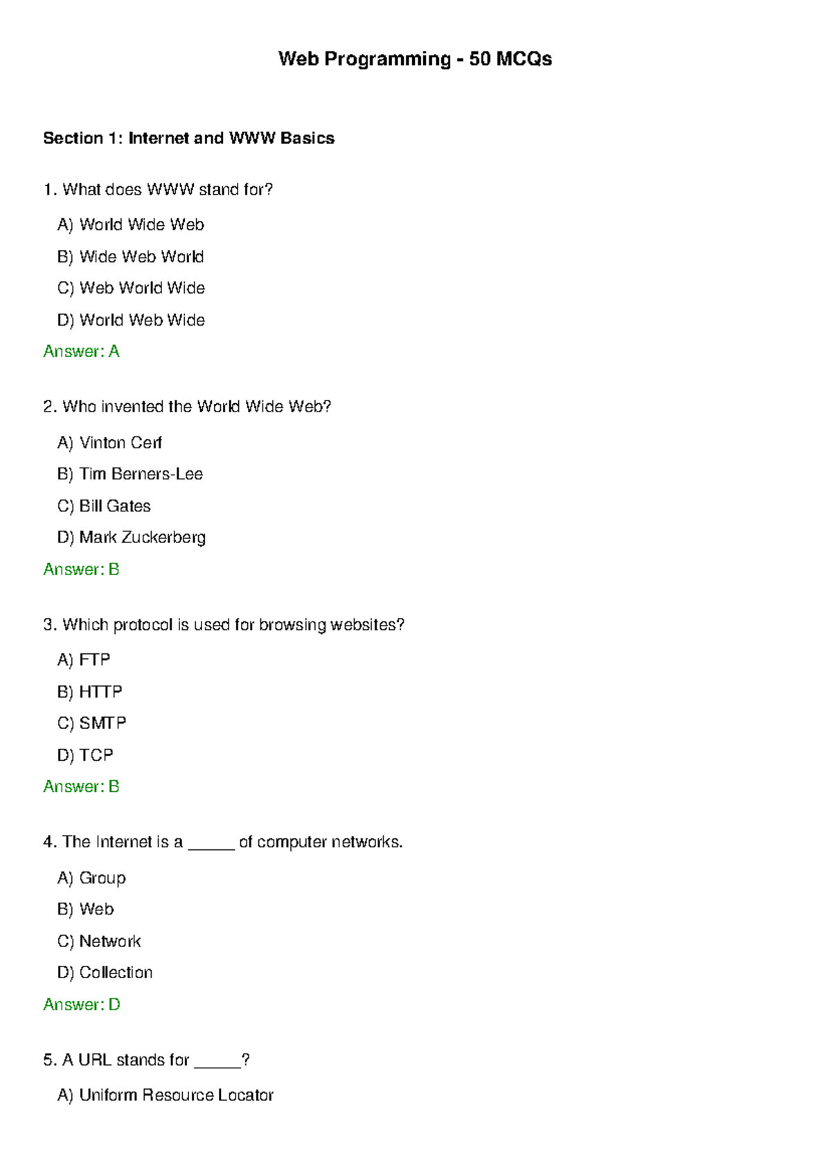 Web Programming 50 MCQs: Internet, HTML, and JavaScript Basics - Studocu