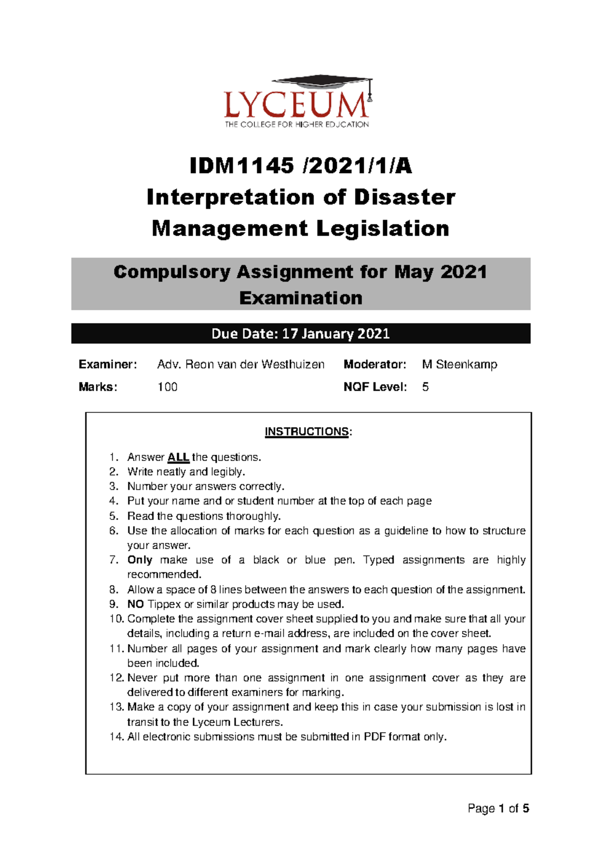 IDM1145A - May 2021 Compulsory Assignment on Disaster Management - Studocu