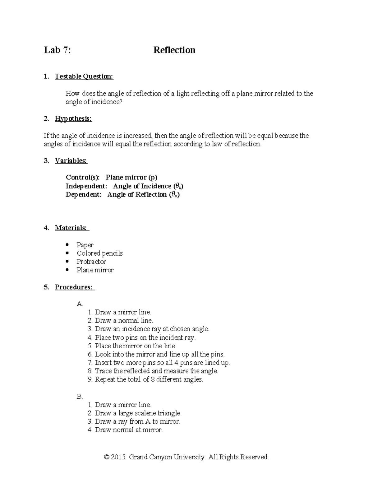 Phys 112 Lab 7: Analyzing Reflection Angles in Light Using Mirrors ...