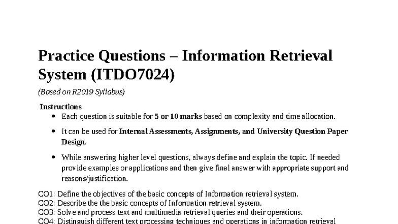 IRS Practice Questions for Information Retrieval System (ITDO7024 ...