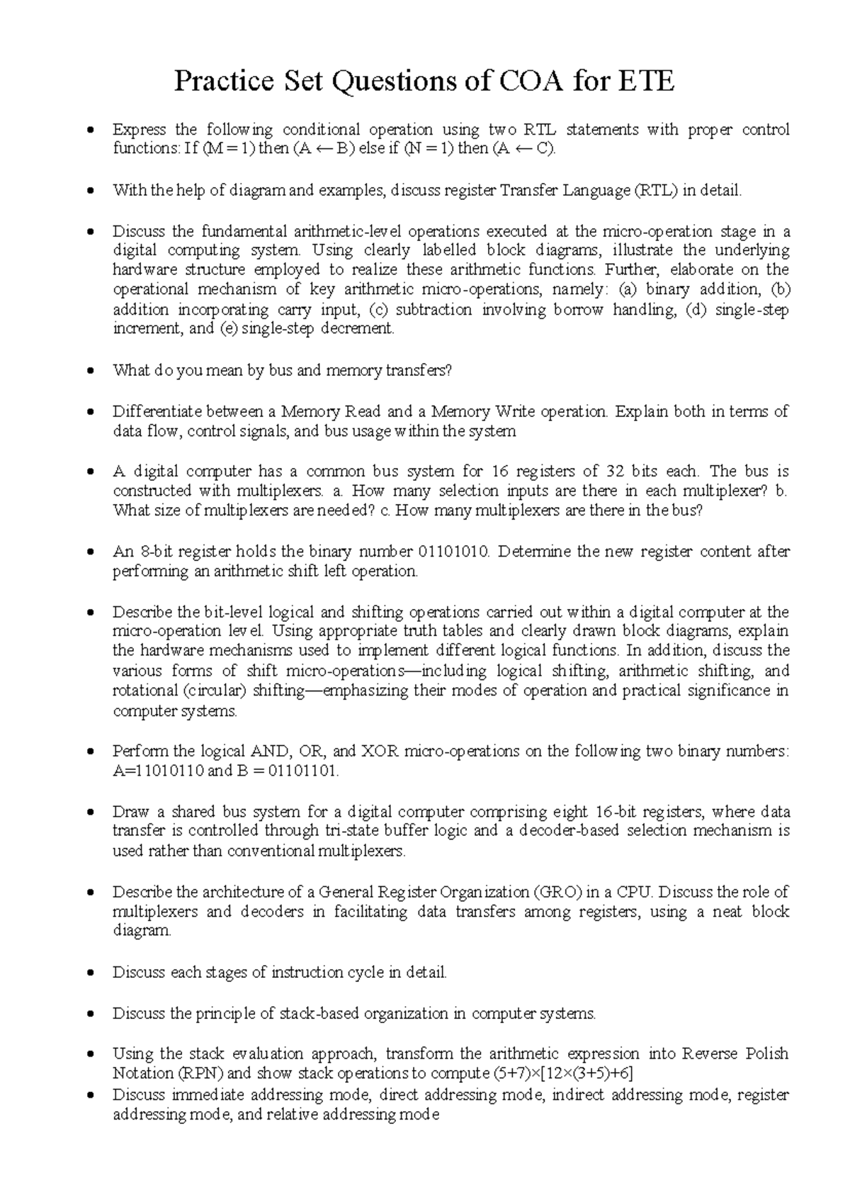 Practice Set Questions of COA for ETE: RTL & Digital Operations - Studocu