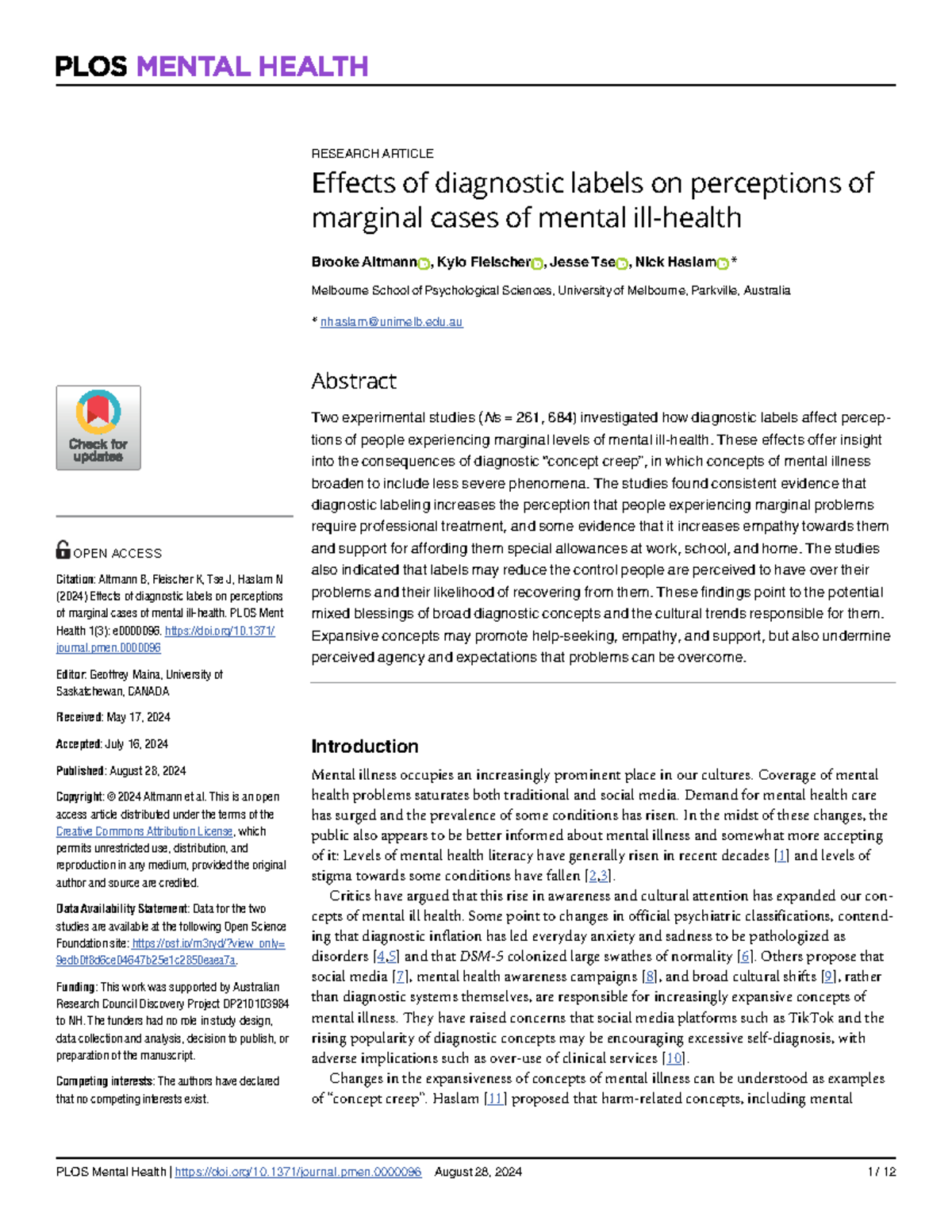 Effects of Diagnostic Labels on Perceptions of Mental Health (PSY2101 ...