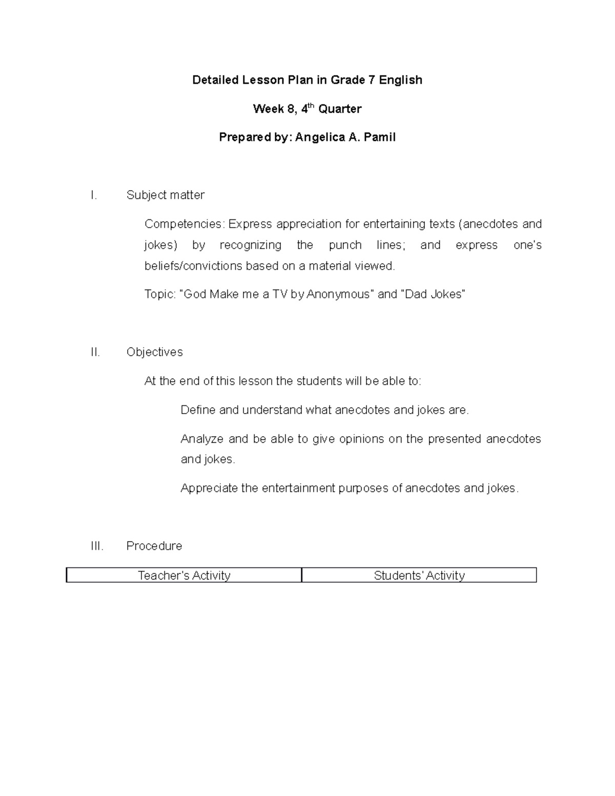 Detailed Lesson Plan for Week 8: Grade 7 English - Studocu