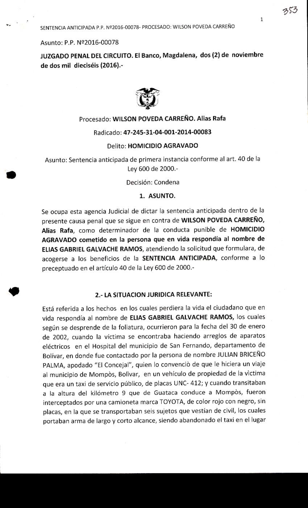 Sentencia Anticipada P.P. 353 - Homicidio Agravado de Wilson Poveda ...