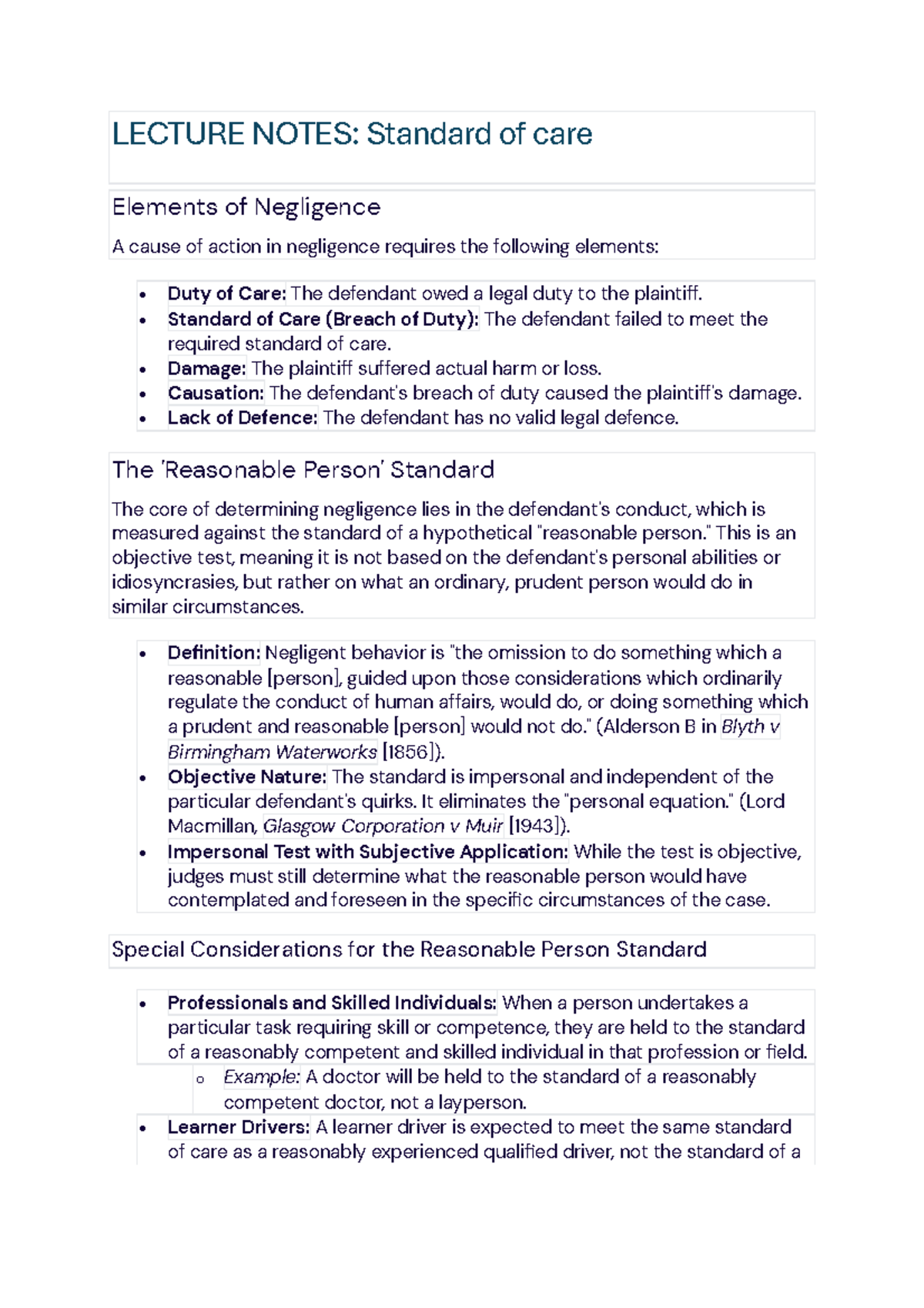 LECTURE NOTES: Elements of Negligence in Torts Law - Studocu