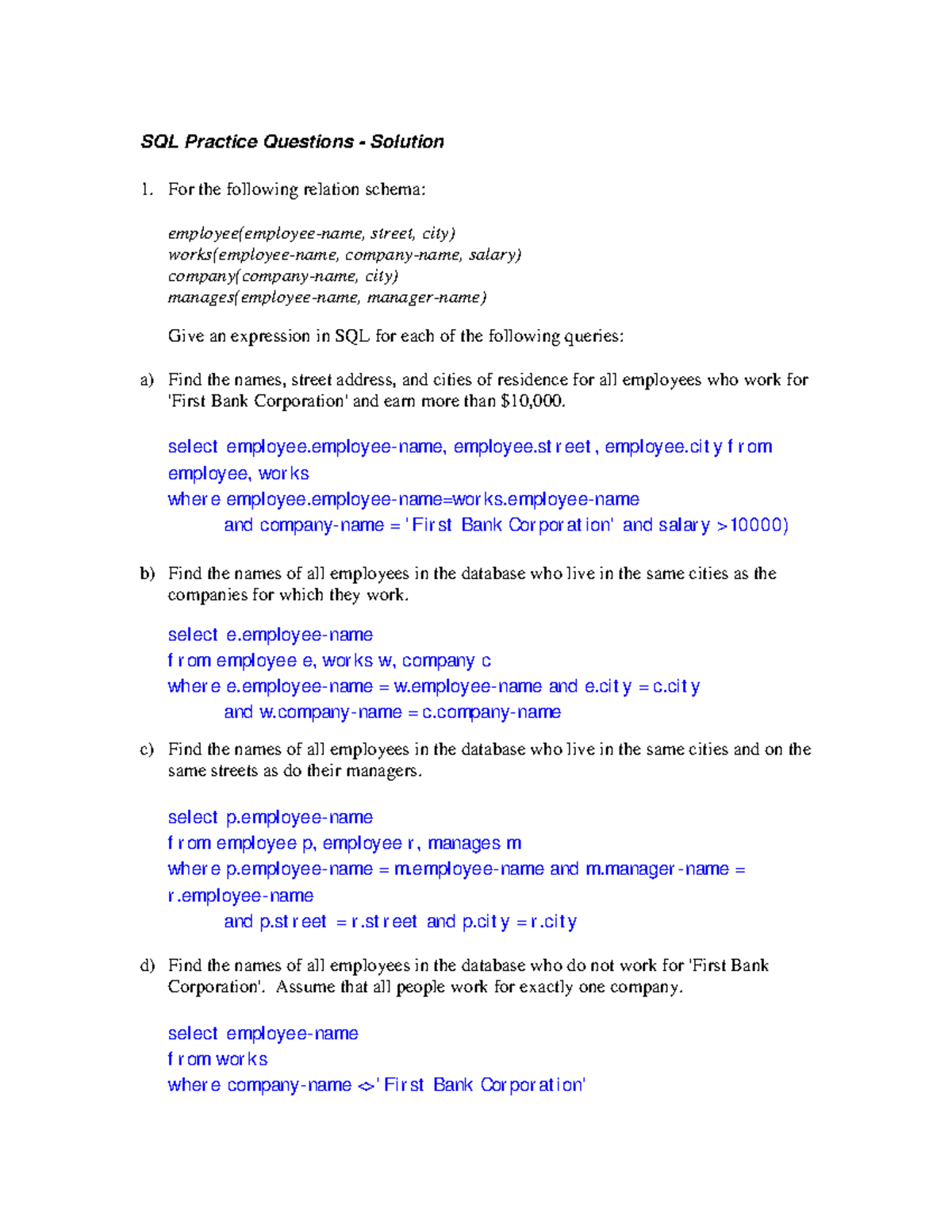 SQL Queries Solutions - Practice Example for Tutorial - Studocu