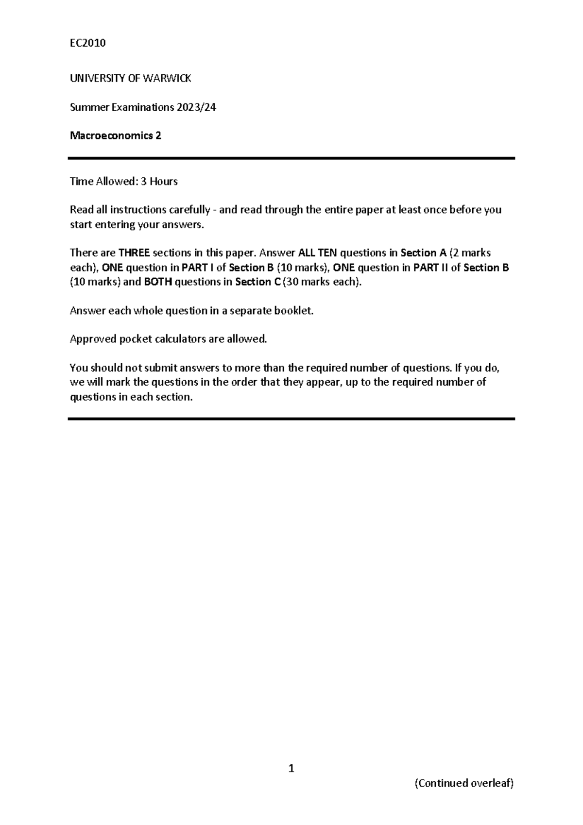 EC2010 Summer 2024 - Past Paper for Macroeconomics 2 Exam - Studocu