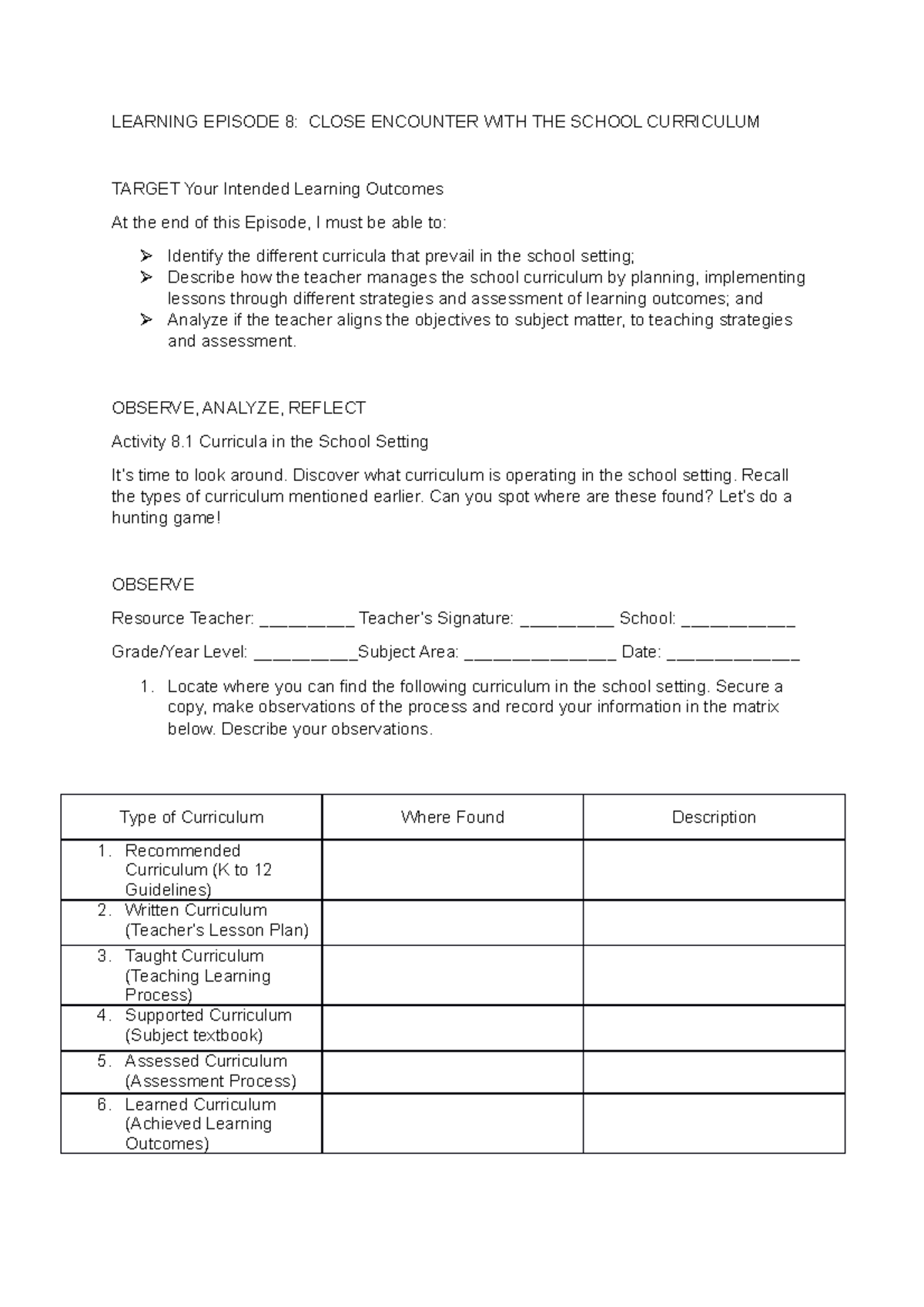 Field Study1 Episode 8 10 1 - LEARNING EPISODE 8: CLOSE ENCOUNTER WITH ...