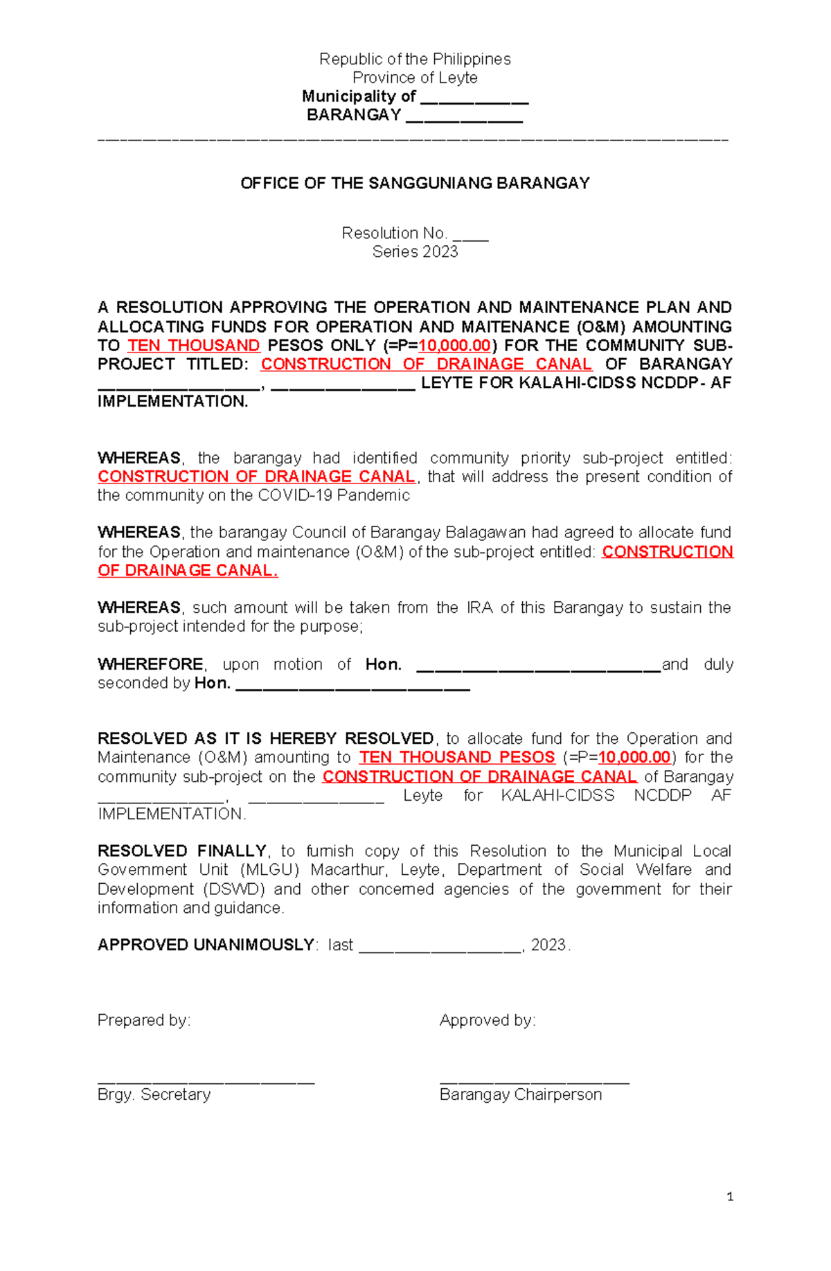 BLGU 2023 Resolution for Fund Allocation for Drainage Canal Project ...