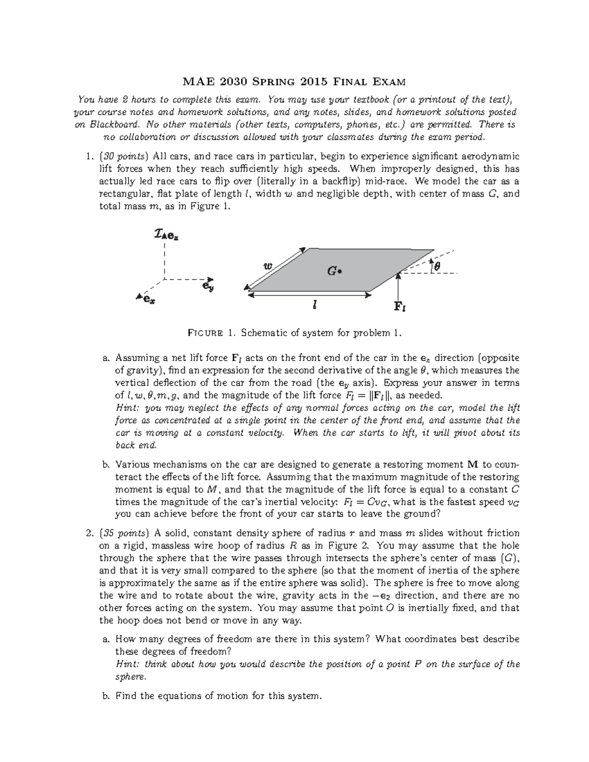MAE 2030 Spring 2015 Final Exam - Practice Questions and Solutions ...