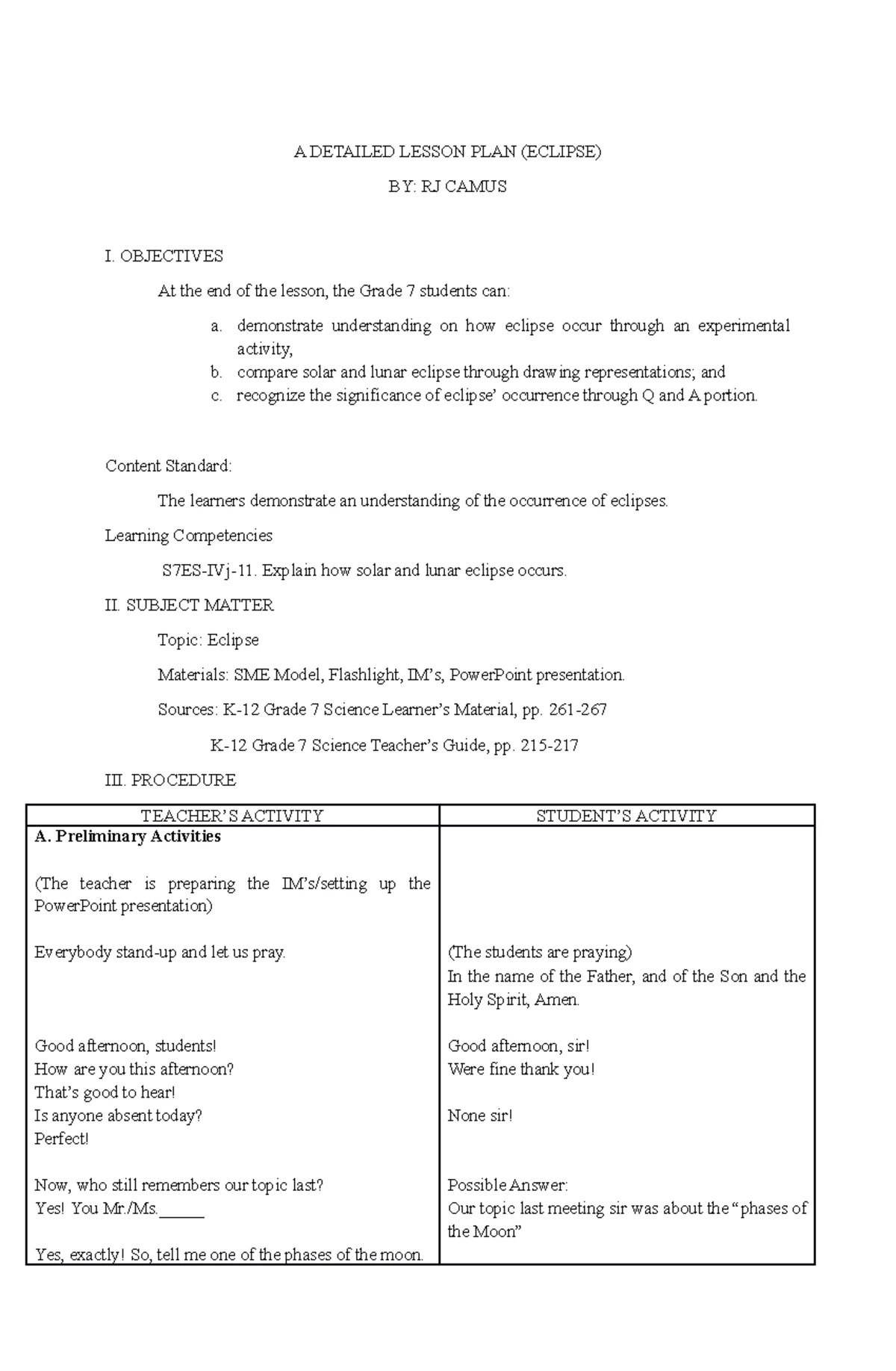 Detailed Lesson PLAN IN lifestyle and weight management - J. H ...