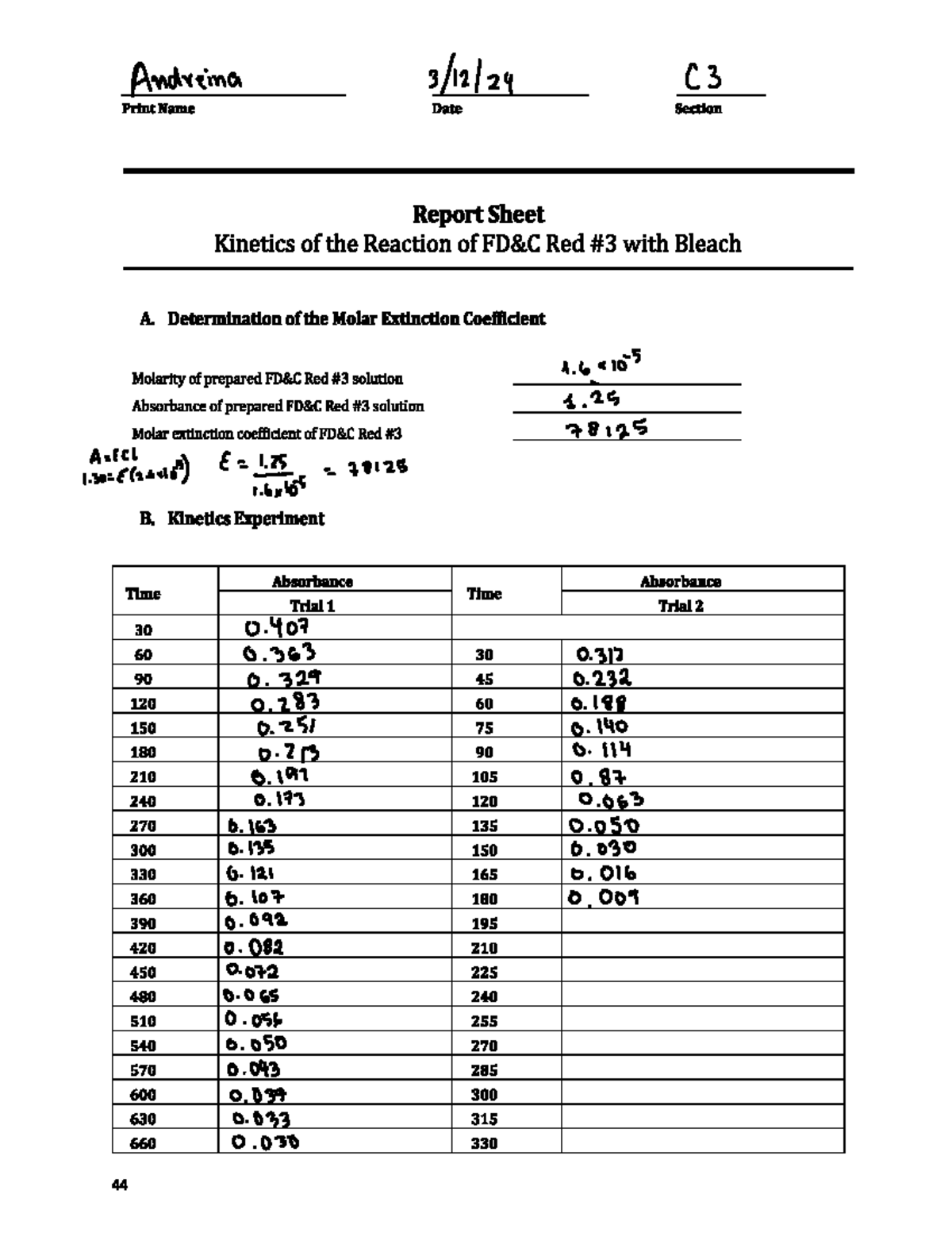 LAB 3 - LAB - Andreina C3 Print Name Date Section Report Sheet Kinetics ...