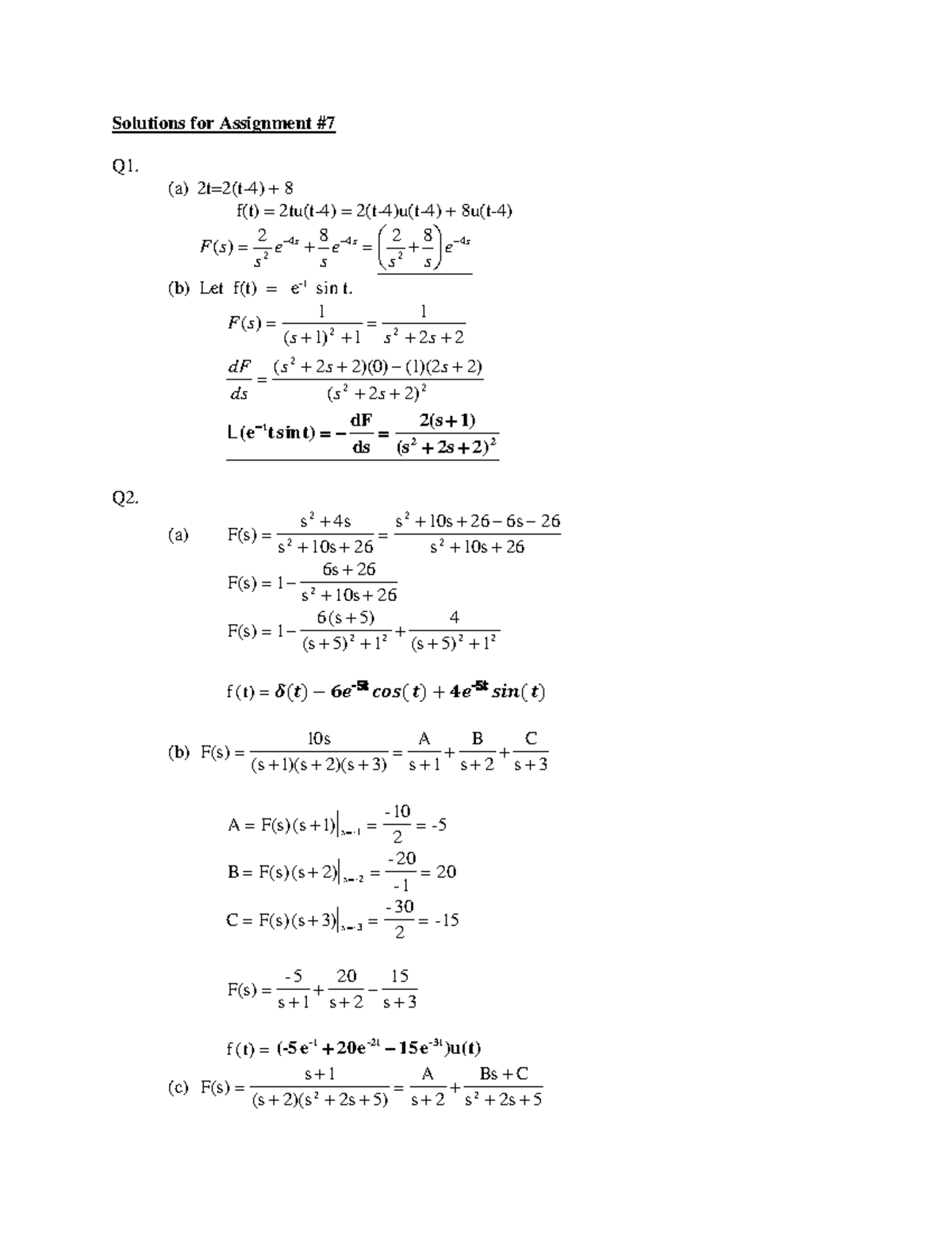 Solutions for Assignment Q1 - Laplace Transforms and Functions - Studocu
