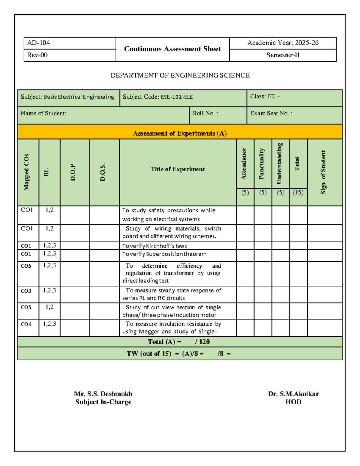 BEE Manual 2026: Continuous Assessment Sheet for FE Students - Studocu