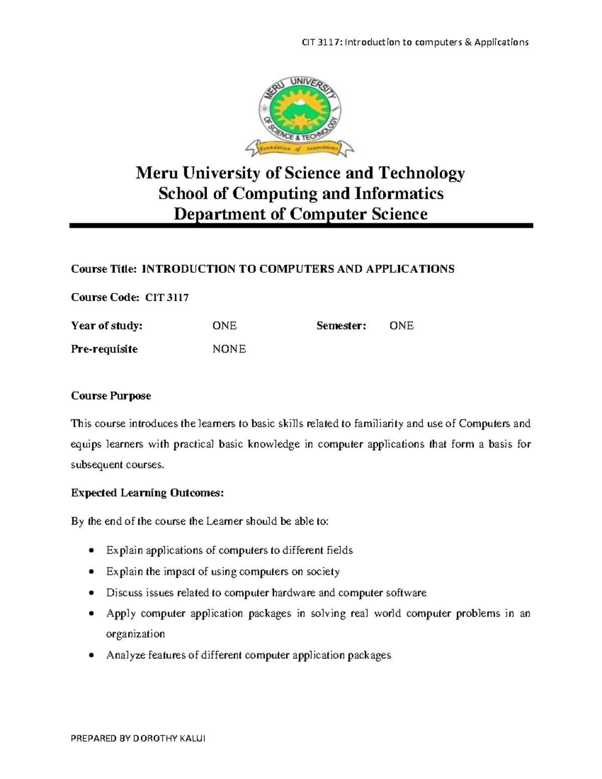 CIT 3117 Course Outline: Introduction to Computers & Applications - Studocu