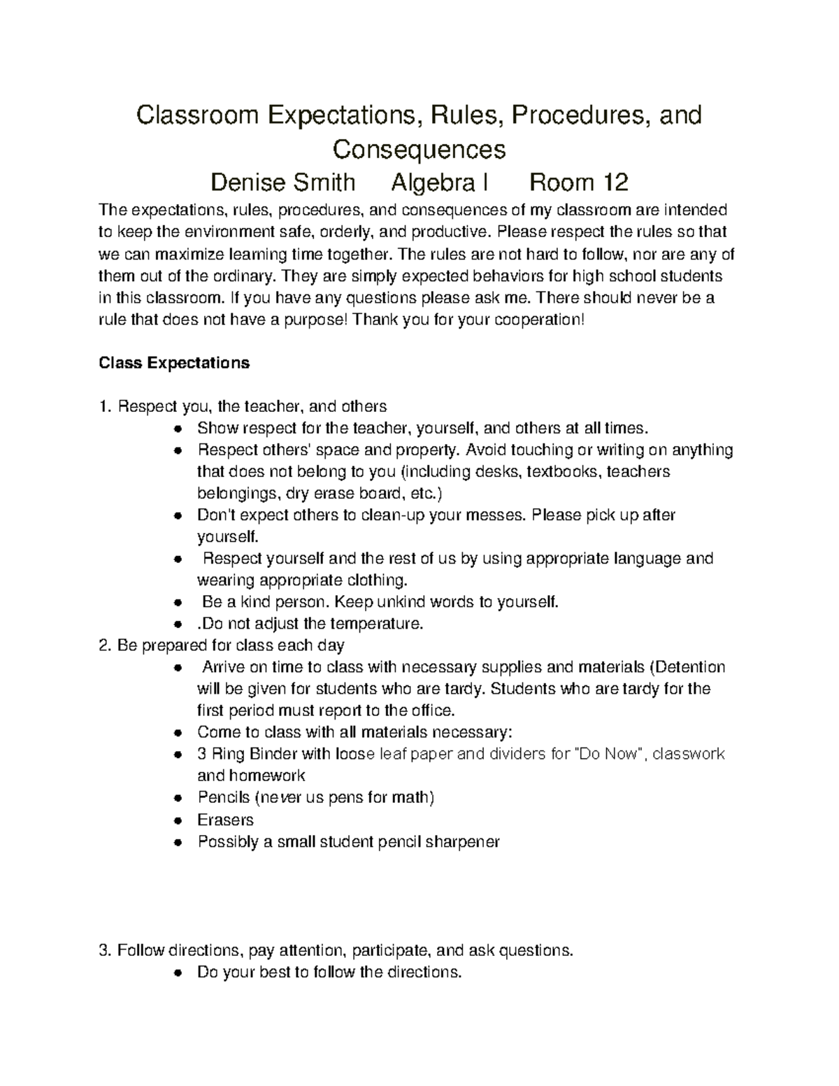 Algebra I Classroom Rules & Expectations (Room 12) - Studocu