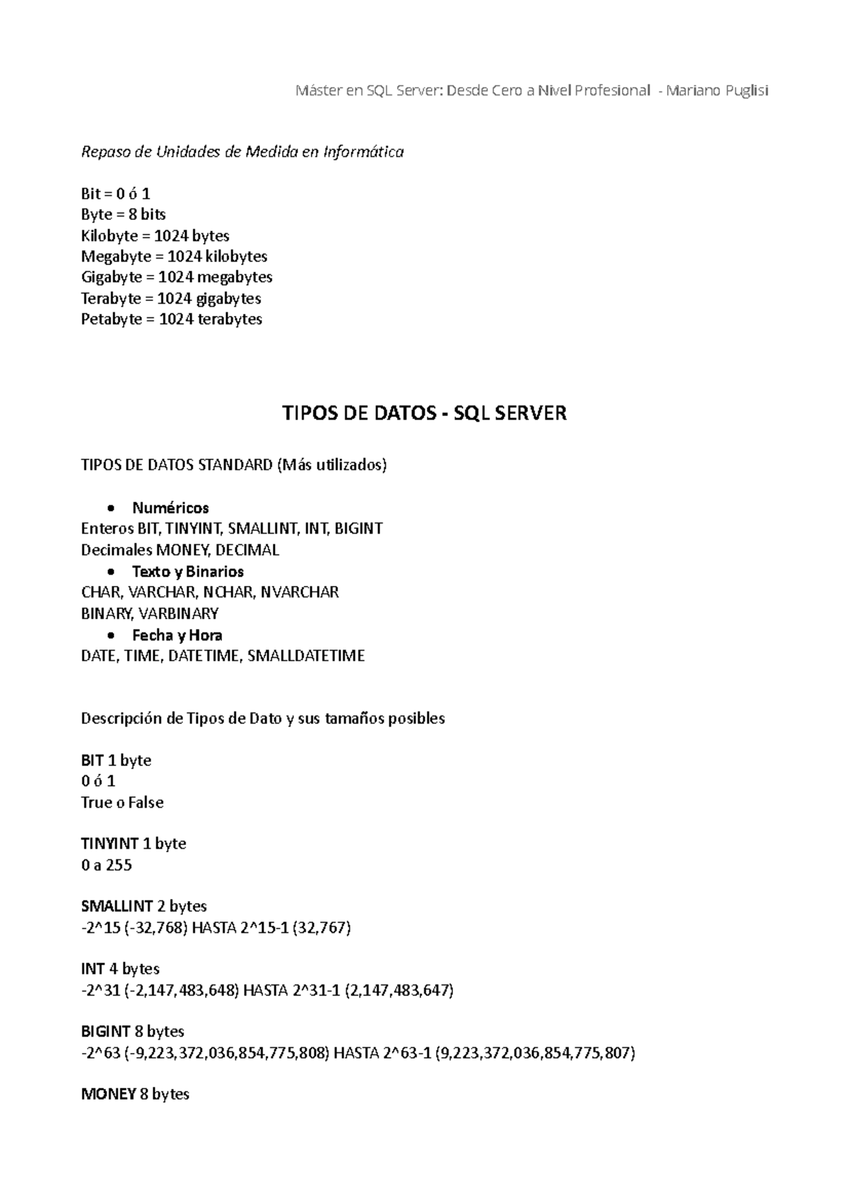 S03 - Repaso de Tipos de Datos en SQL Server y Unidades de Medida - Studocu