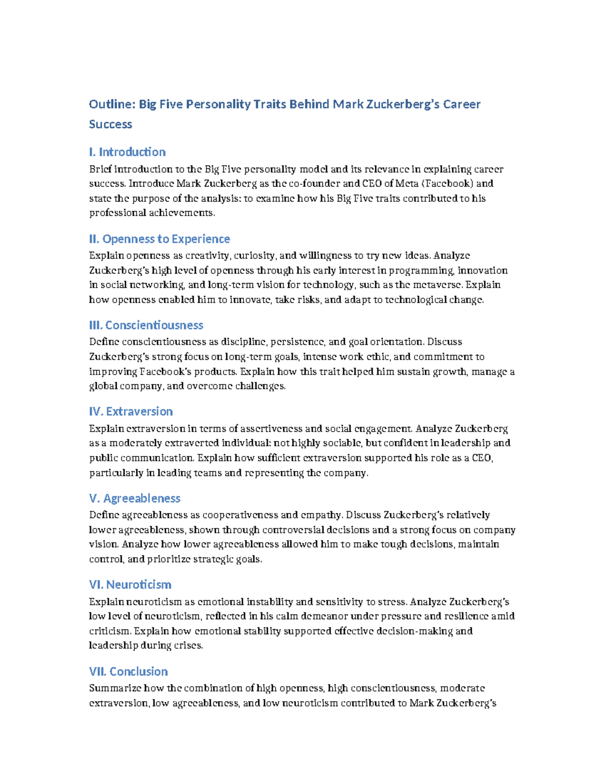 Outline: Big Five Personality Traits in Mark's Career Success - Studocu