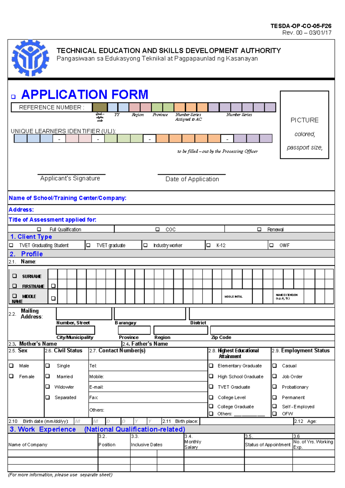 Application Form for Assessment - TESDA ULI Reference YY - Studocu