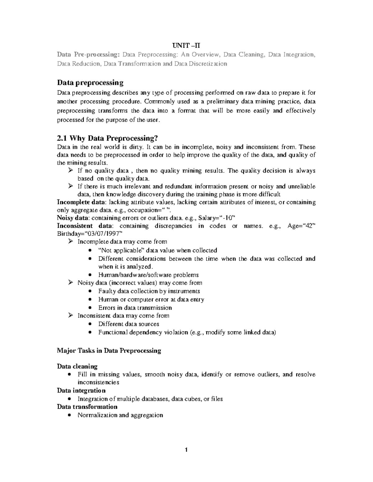 DWDM UNIT-2 Notes - UNIT – II Data Pre-processing: Data Preprocessing ...