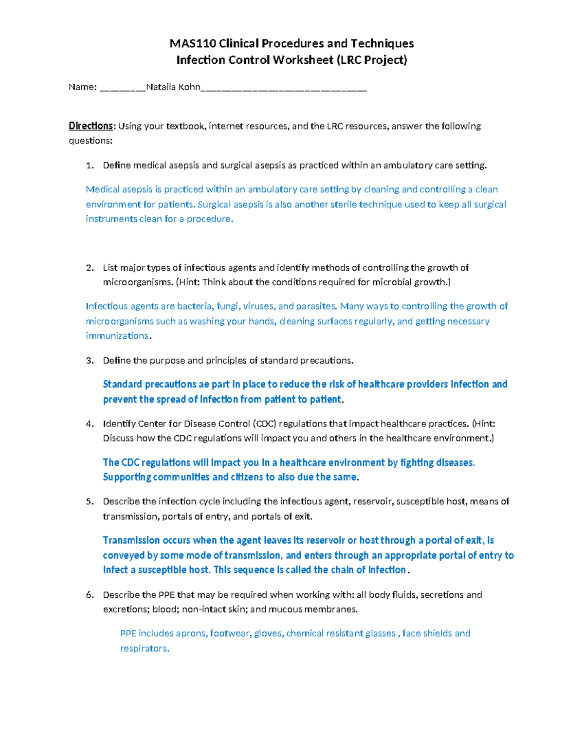 MAS110 Infection Control Worksheet: Understanding Asepsis and Safety ...