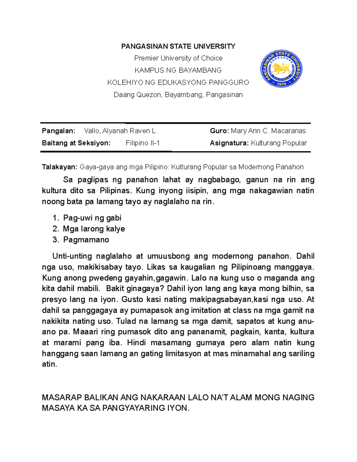 Kulturang Popular sa Modernong Panahon - Filipino II-1 - Vallo, Alyanah ...