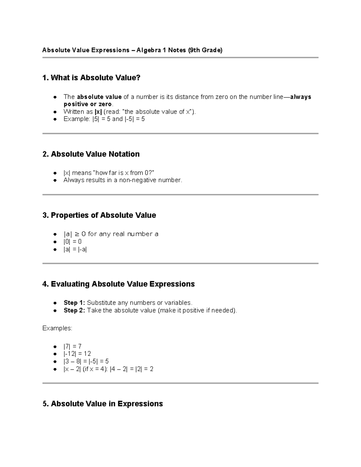Algebra 1 Notes: Understanding Absolute Value Expressions - Studocu