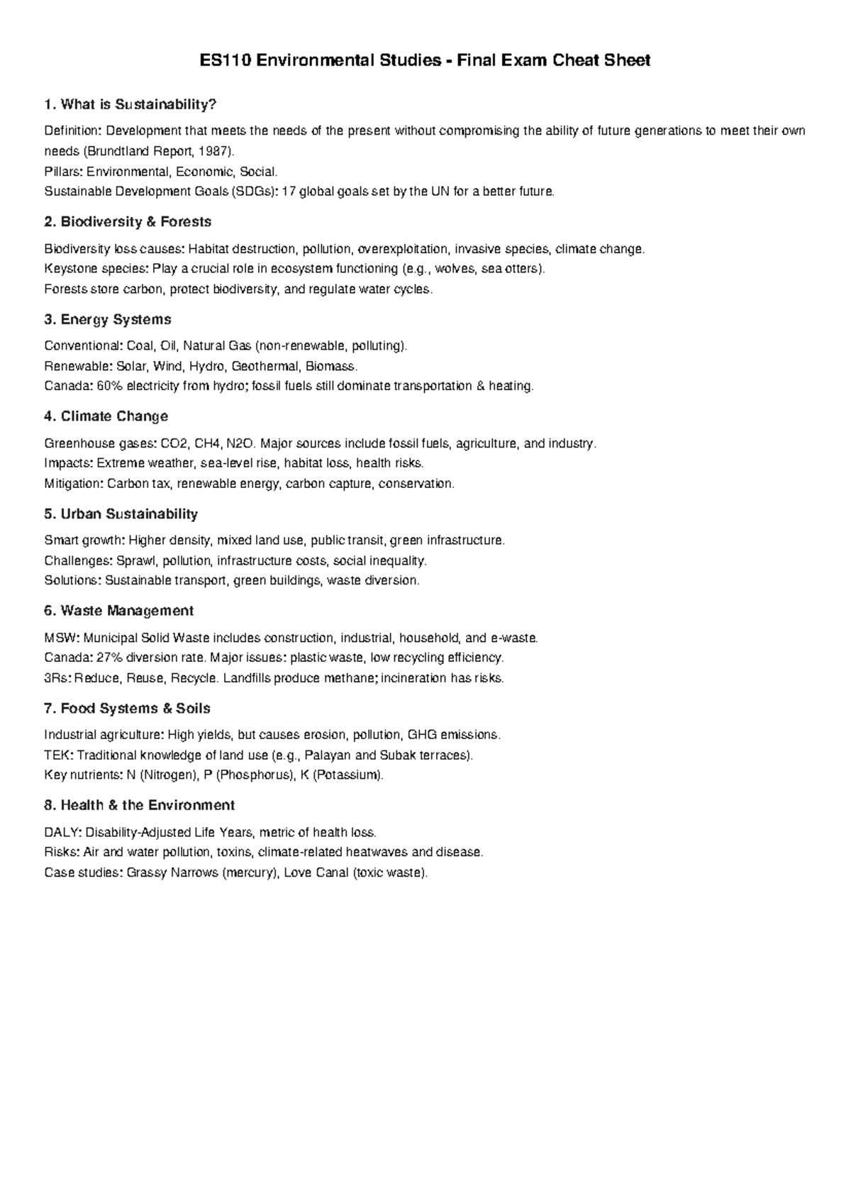 ES110 Environmental studies final exam cheat sheet overview - Studocu