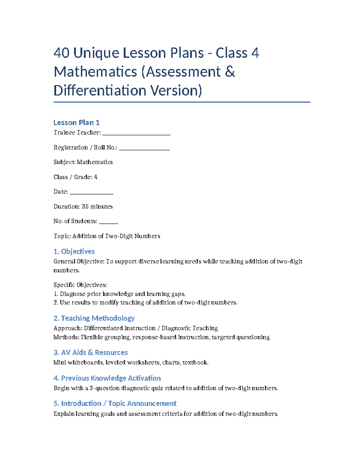 40 Unique Lesson Plans for Class 4 Mathematics (Assessment Version ...