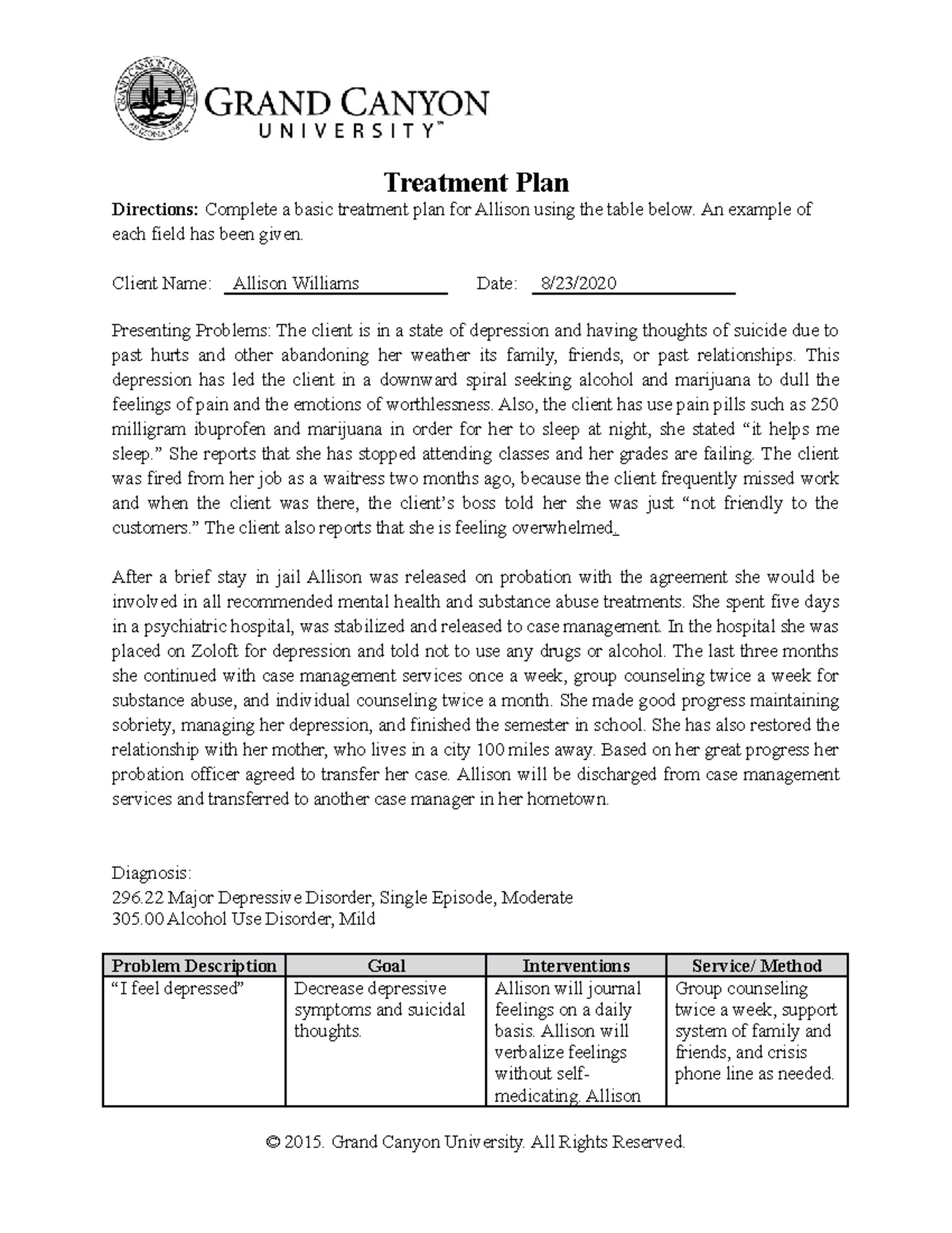 Treatment Plan Case Study for Client Allison - Mental Health Focus ...
