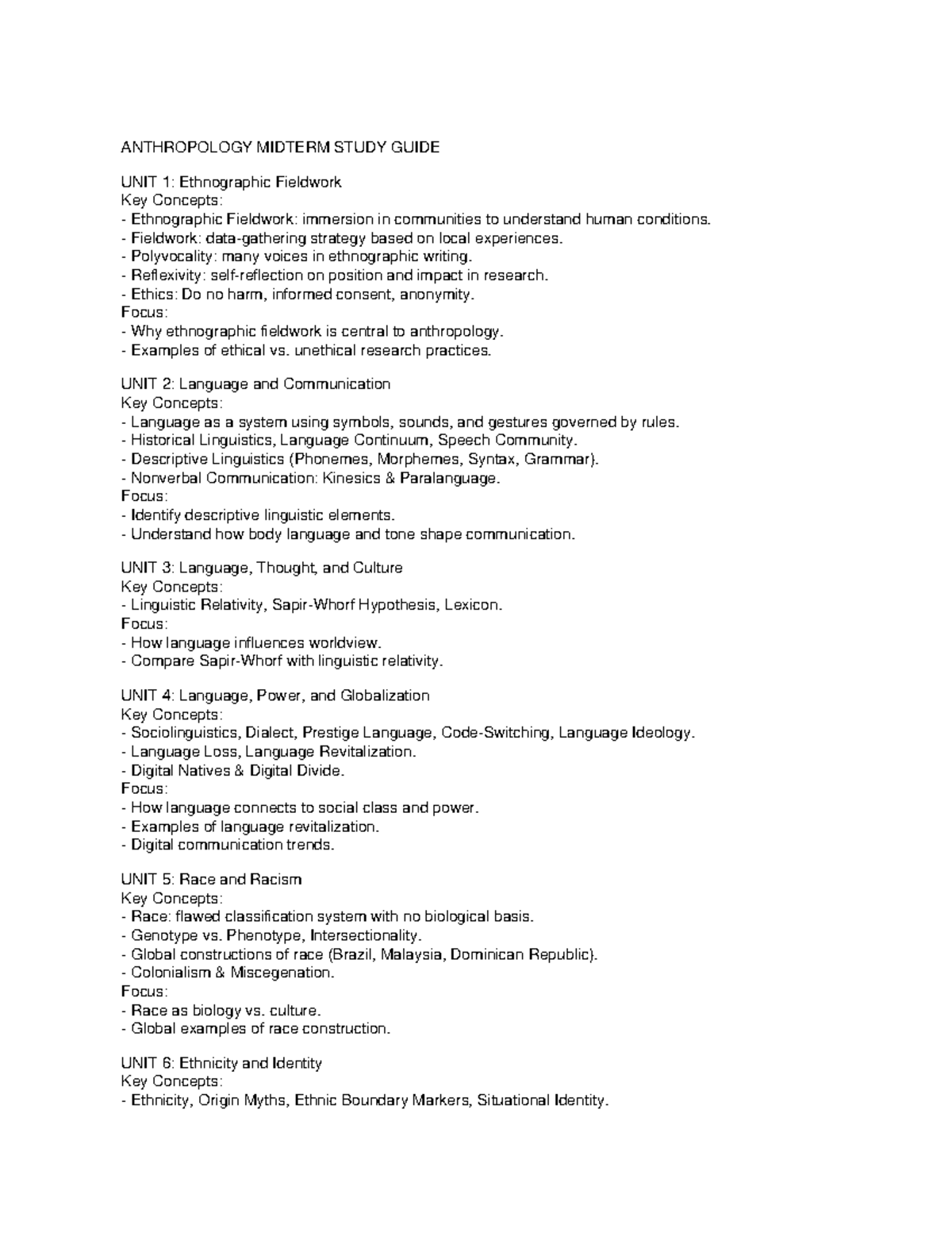 ANTH 101 MIDTERM STUDY GUIDE: Key Concepts in Anthropology - Studocu