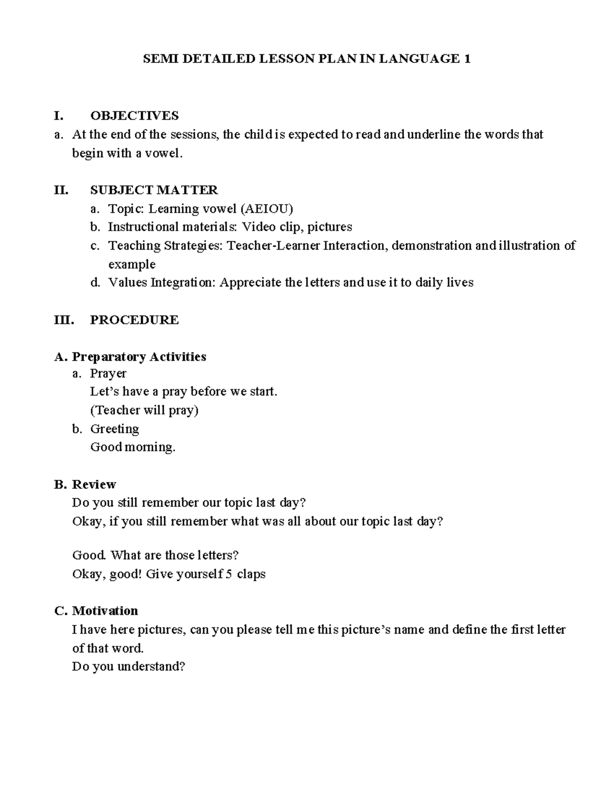 SEMI DETAILED LESSON PLAN IN LANGUAGE 1: Vowels & Sounds - Studocu