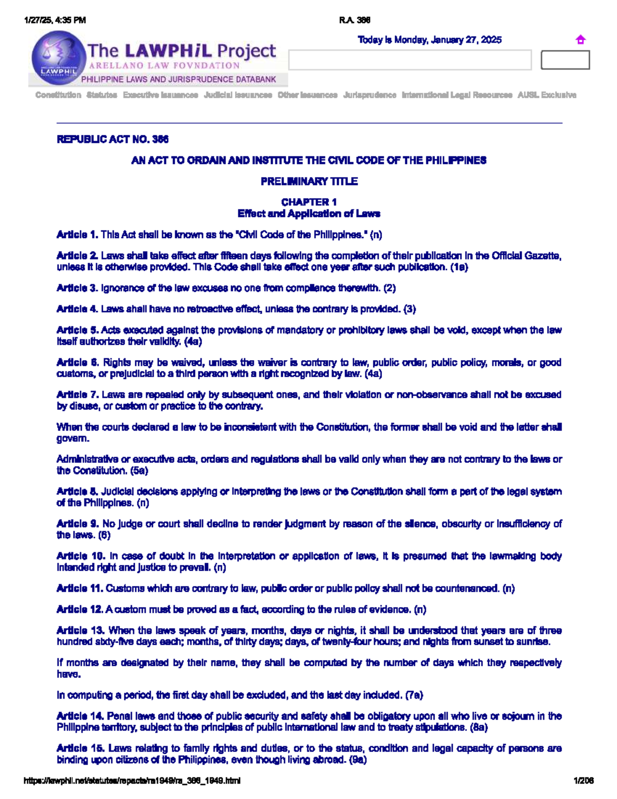 RA 386 - RA 386 - 4:35 PM R. 386 Today is Monday, January 27, 2025 The ...