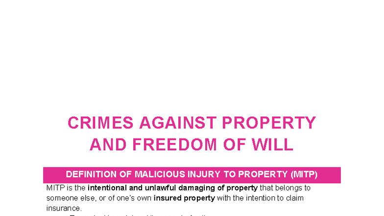 PBL Notes: Crimes Against Property and Freedom of Will Overview - Studocu