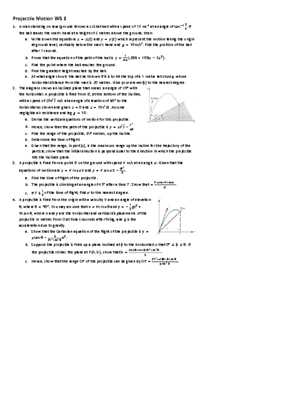 Projectile Motion WS 1 - Challenging Problems EXT1 MATH - Studocu