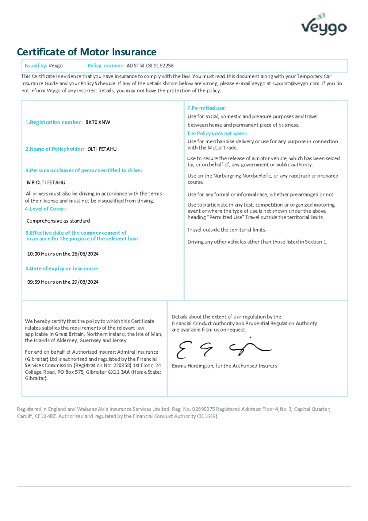 Certificate of Motor Insurance: Veygo AD STM CSI 9162258 - Studocu