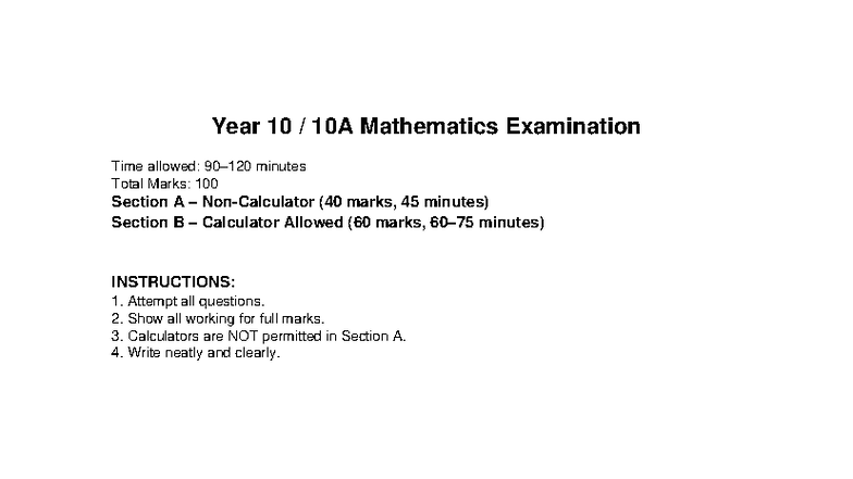 Year 10 10A Mathematics Exam Paper - Total Marks: 100 - Studocu