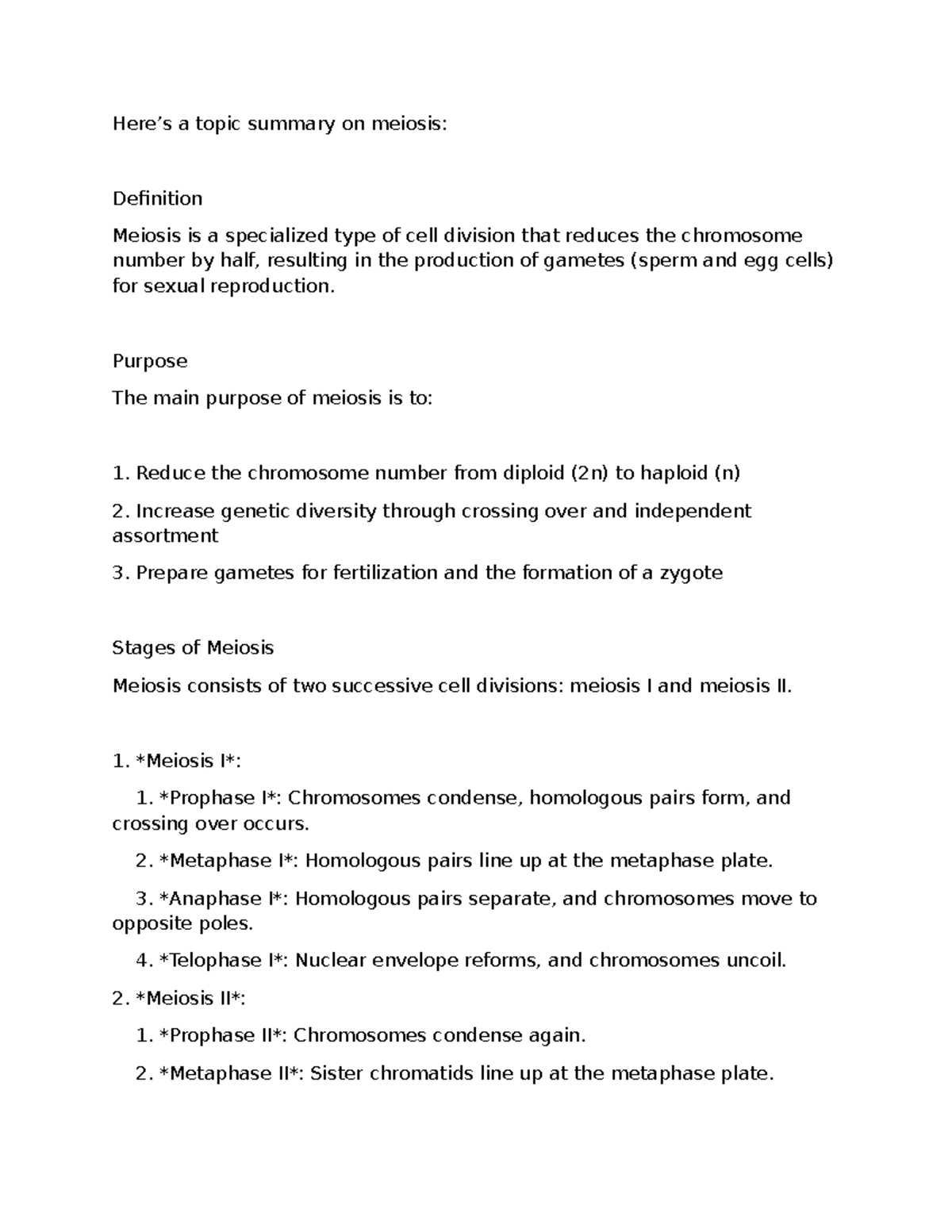 Meiosis Overview & Stages: Summary of Key Concepts - Studocu