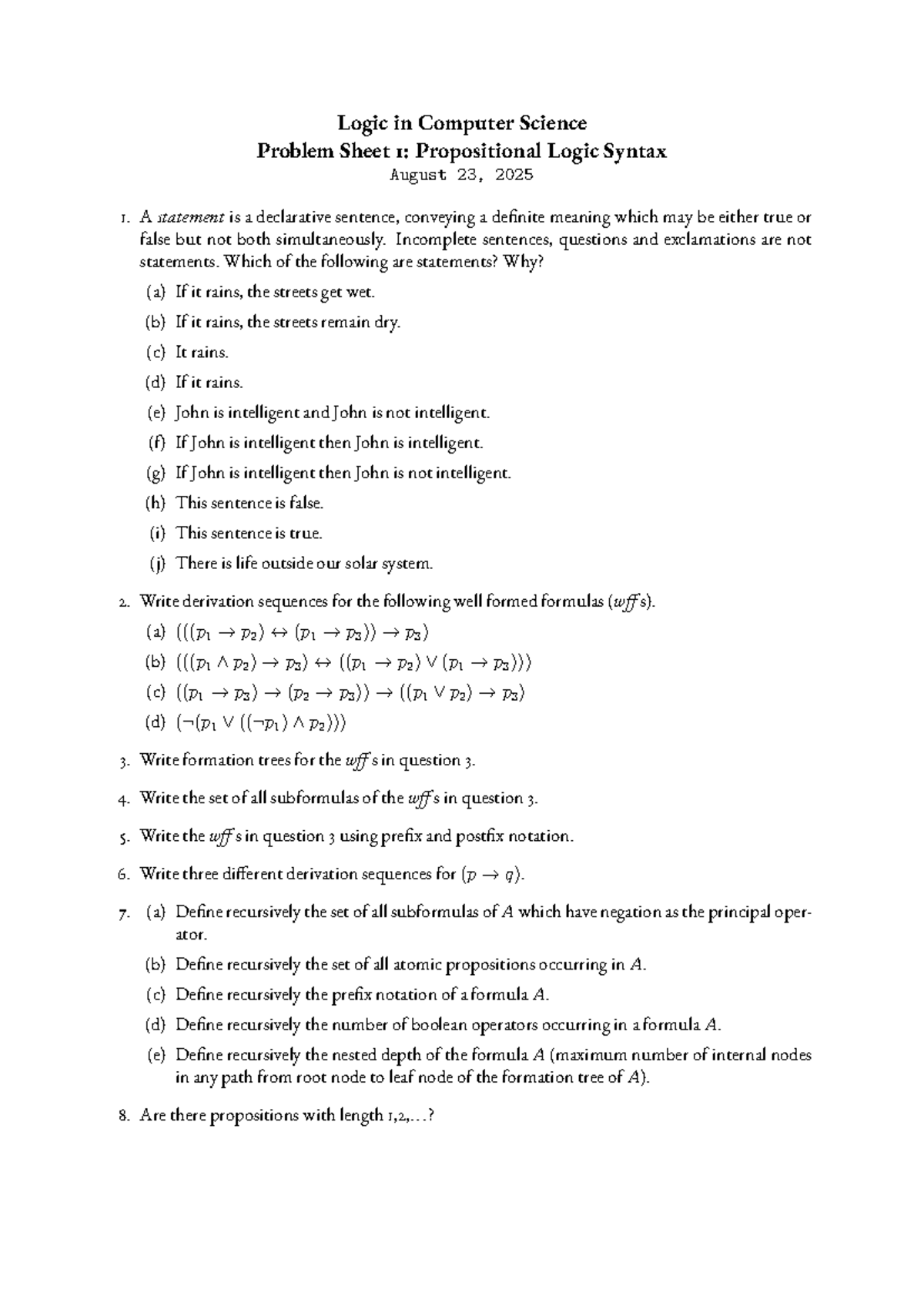 CS101: Problem Sheet 1 - Propositional Logic Syntax & Derivations - Studocu