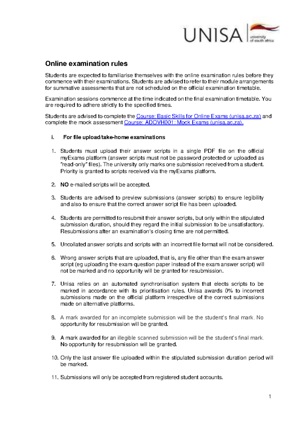 UNISA: Online Examination Rules & Guidelines for Students - Studocu