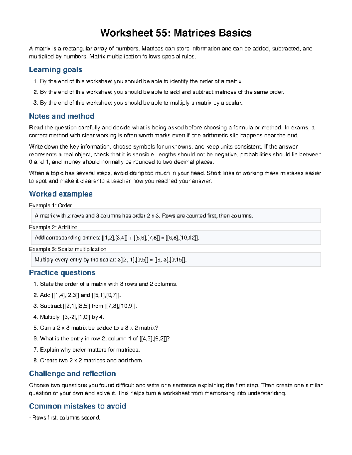 Worksheet 55: Basics of Matrices and Operations - Studocu