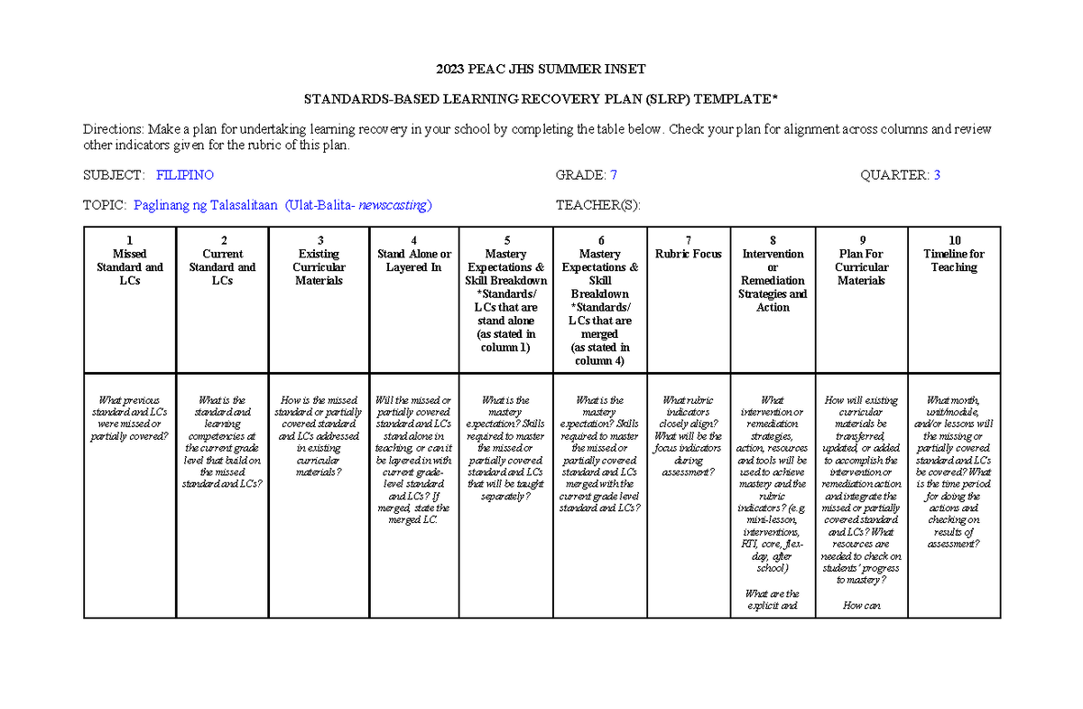 FIL 2 SLRP: Learning Recovery Plan for Filipino Grade 7 Newscasting ...