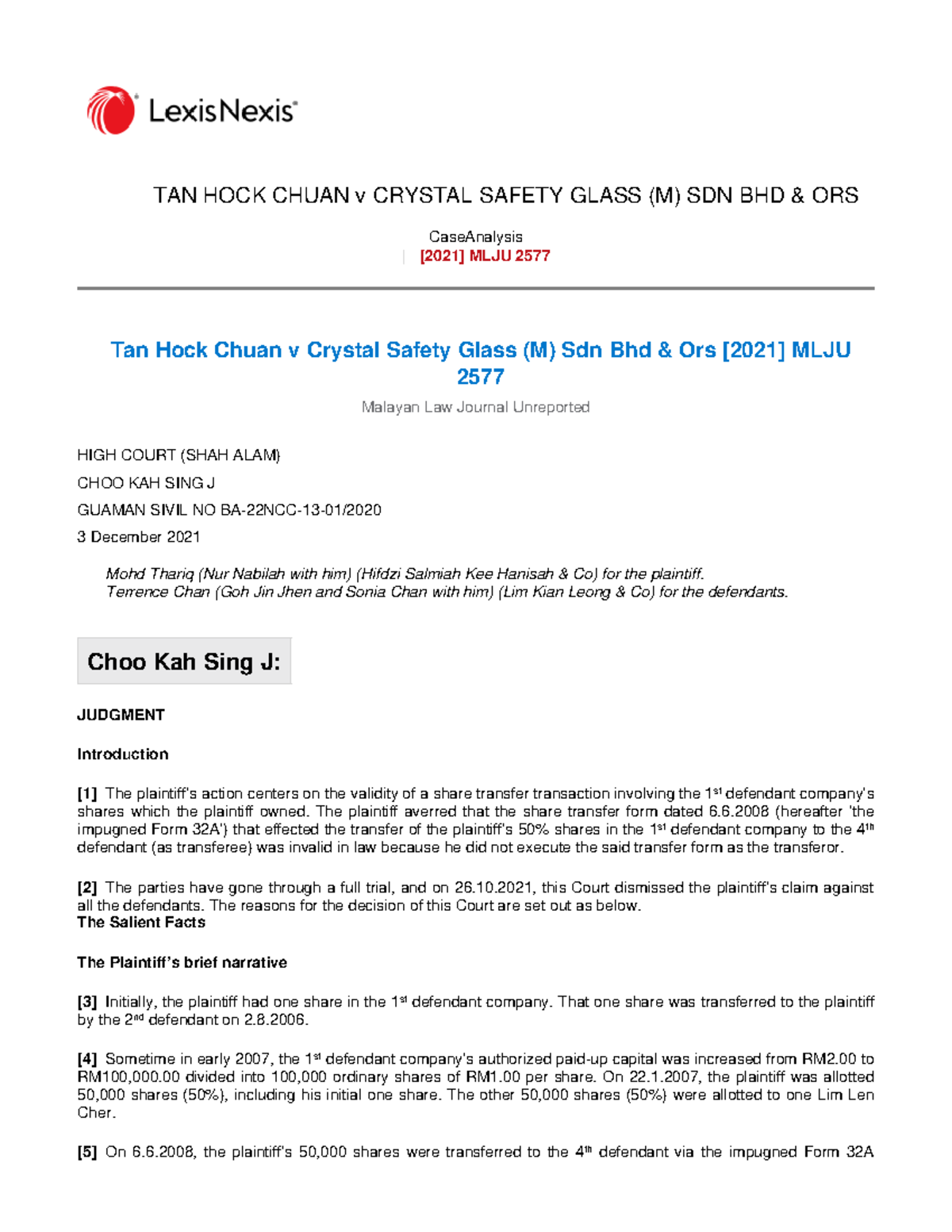 Tan Hock Chuan v Crystal Safety Glass (M) Sdn Bhd & Ors Case Analysis ...