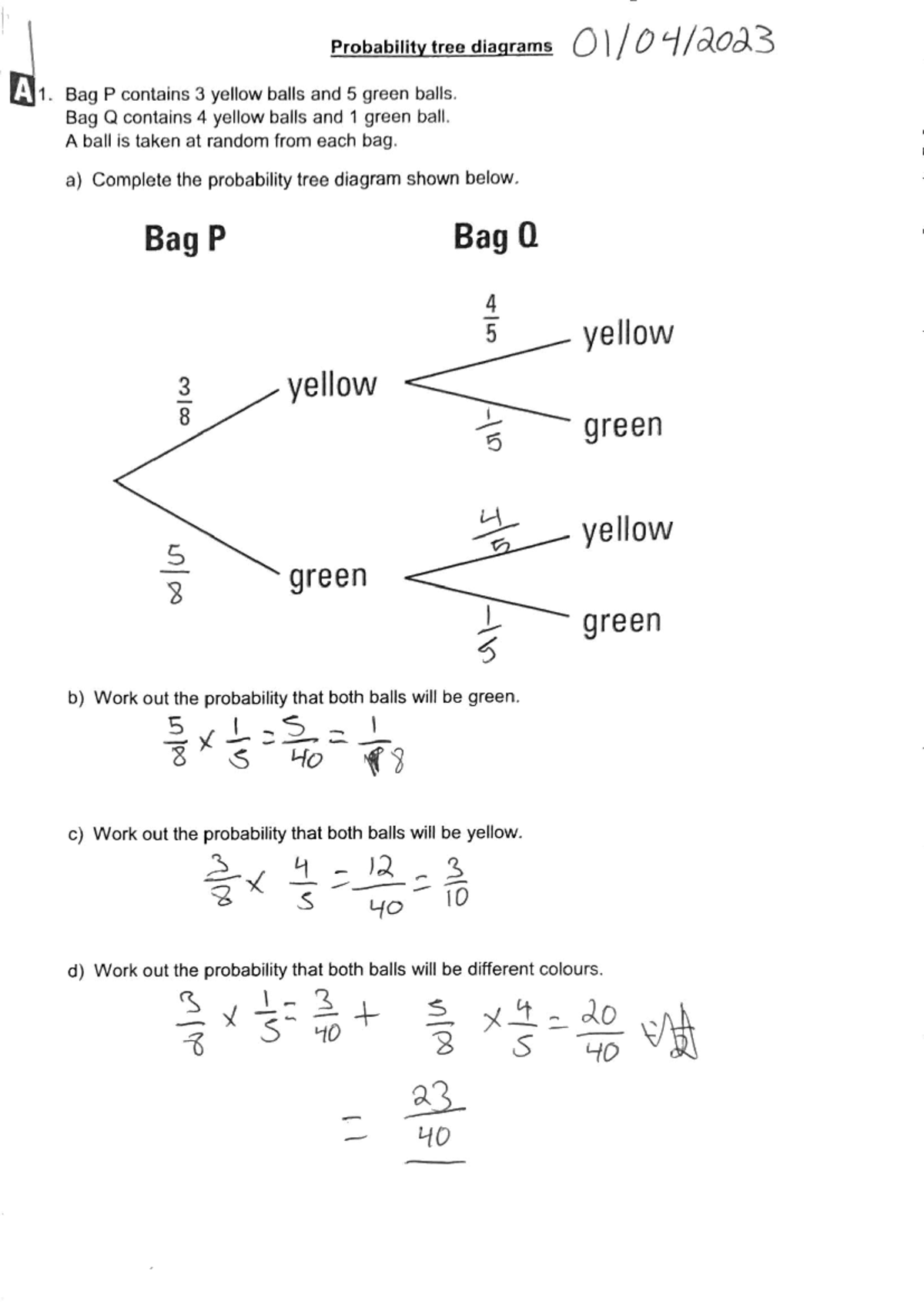 Probability Tree Diagrams: Analysis and Solutions for A1 - Studocu