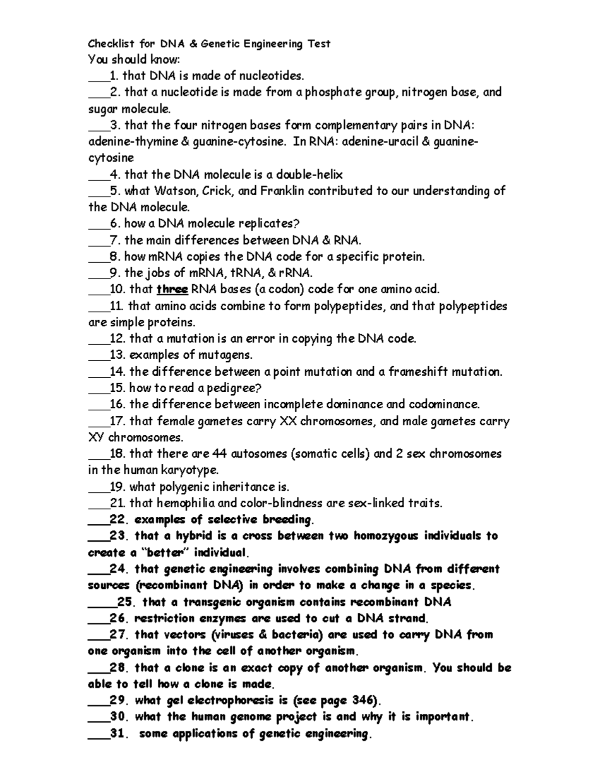 Checklist for DNA & Genetic Engineering 11 12 13 - Checklist for DNA ...