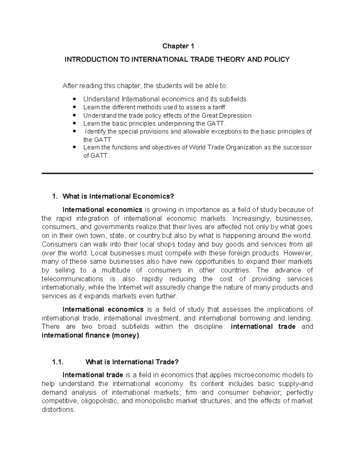 Chapter 1: Intro to Int'l Trade Theory & Policy (Course Code: INTL 101 ...