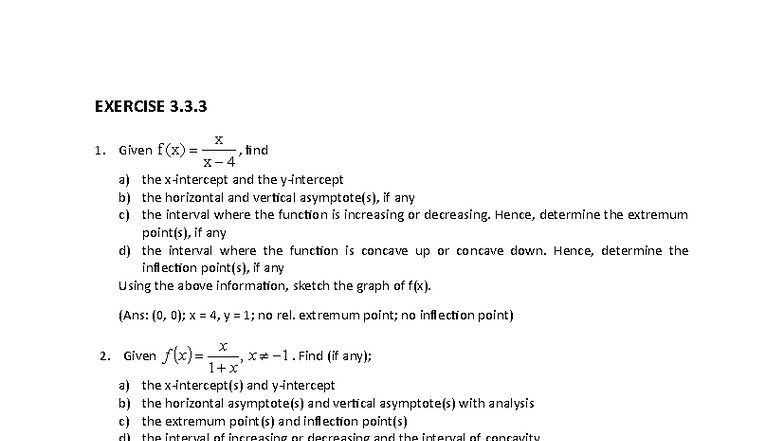 Exercise 3: Analyzing Asymptotes, Extrema, and Concavity - Studocu