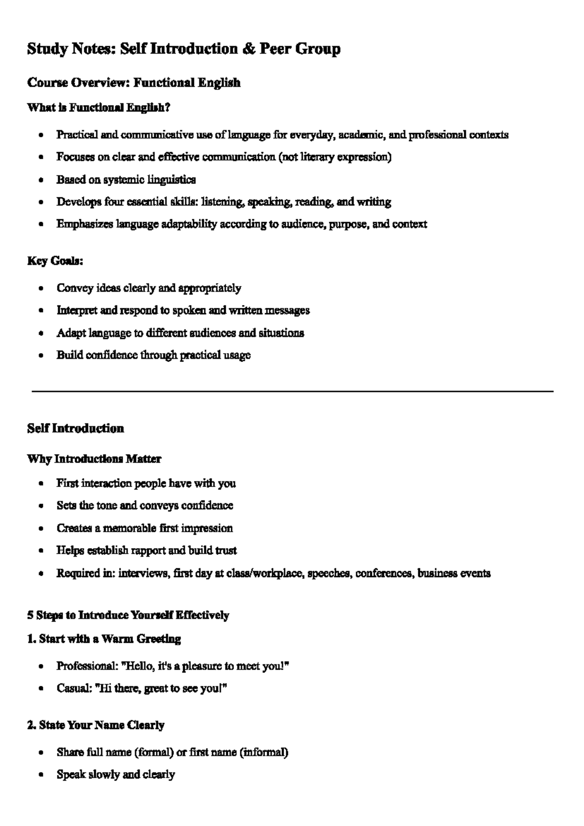 Functional English Study Notes: Self Introduction & Peer Group - Studocu