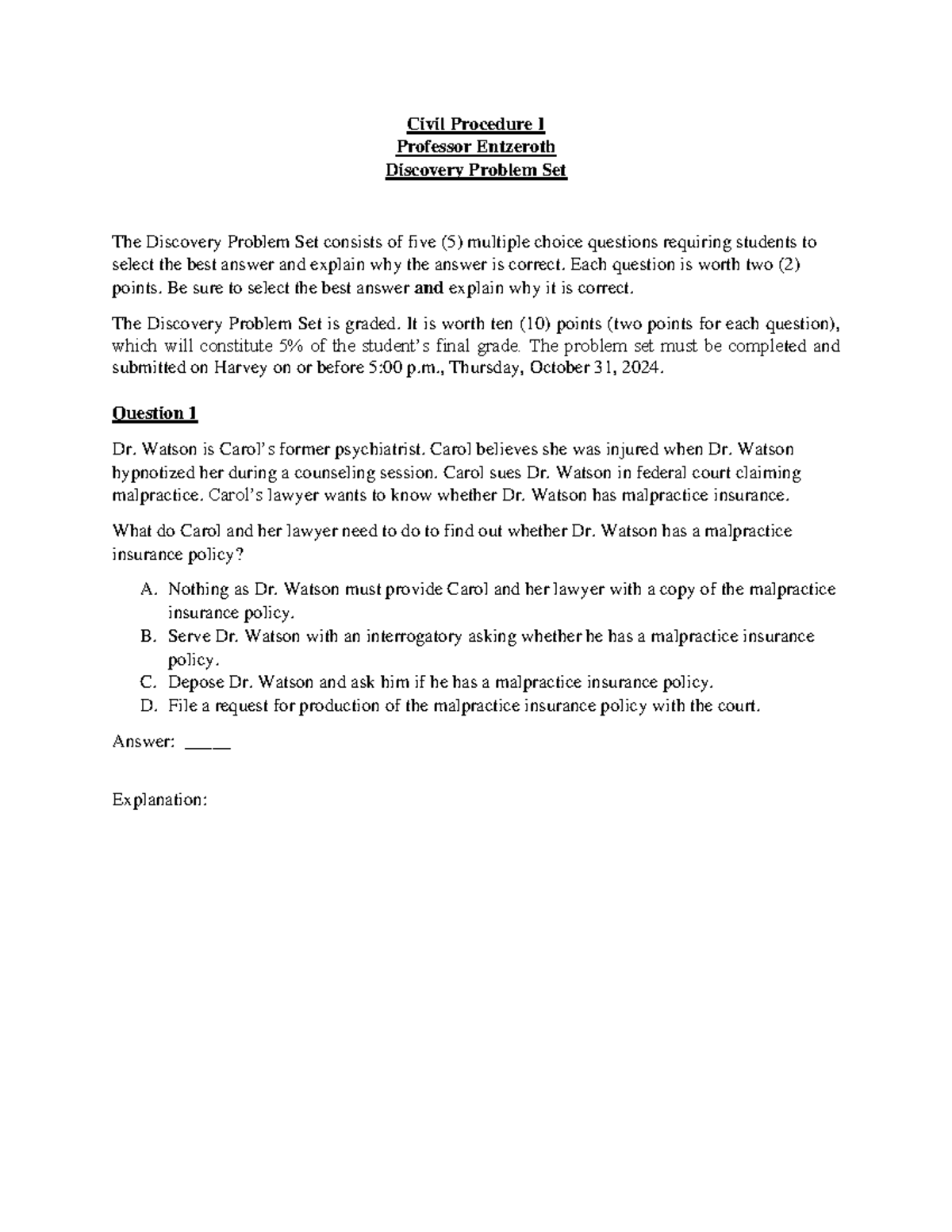 Civil Procedure I Fall 2024 Multiple Choice Discovery Set - Civil ...